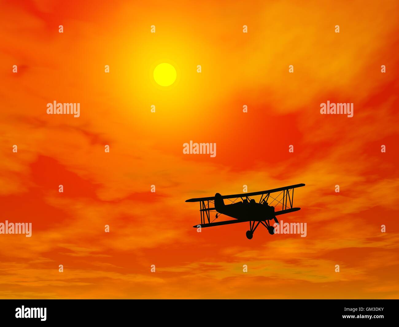 Biplan in burning sky - 3D render Stock Photo - Alamy