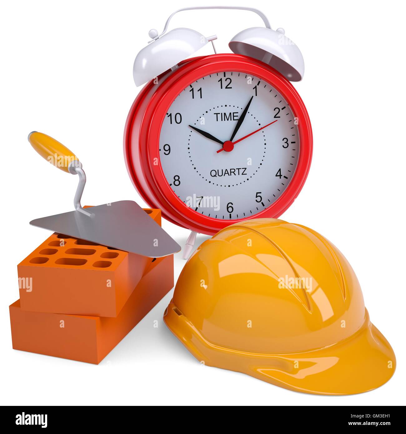 Bricks, hard hat and alarm clock Stock Photo - Alamy