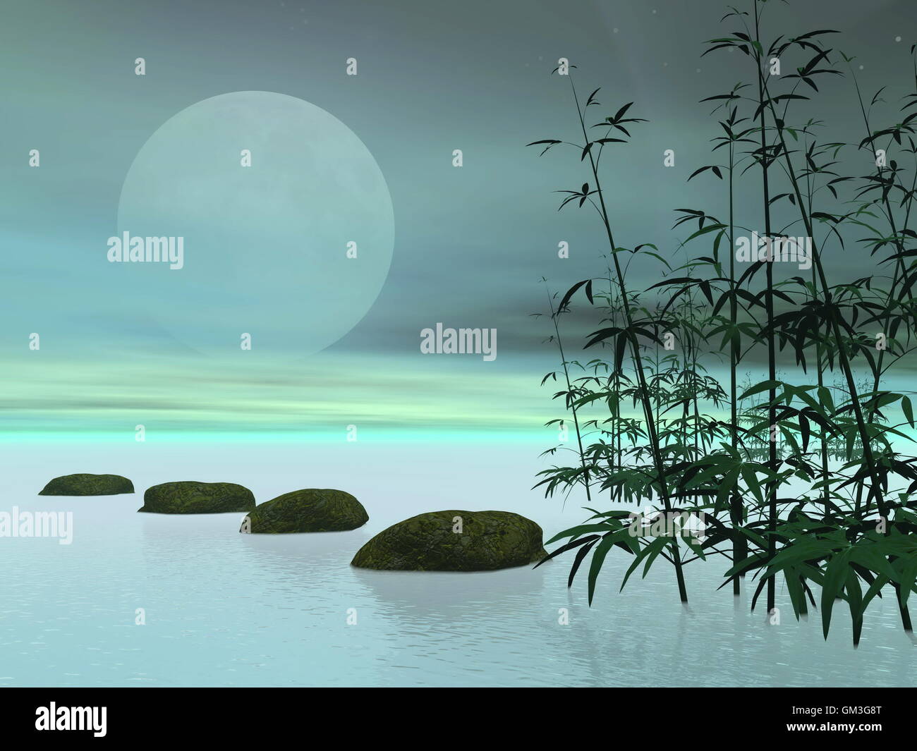 Asian steps to the moon - 3D render Stock Photo - Alamy