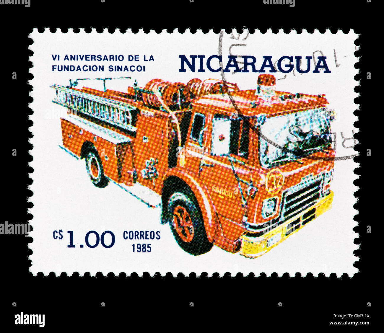 Postage stamp from Nicaragua depicting a fire struck, National Fire ...