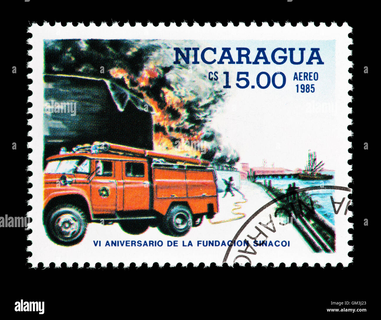 Postage stamp from Nicaragua depicting a waterfront fire and fire truck ...