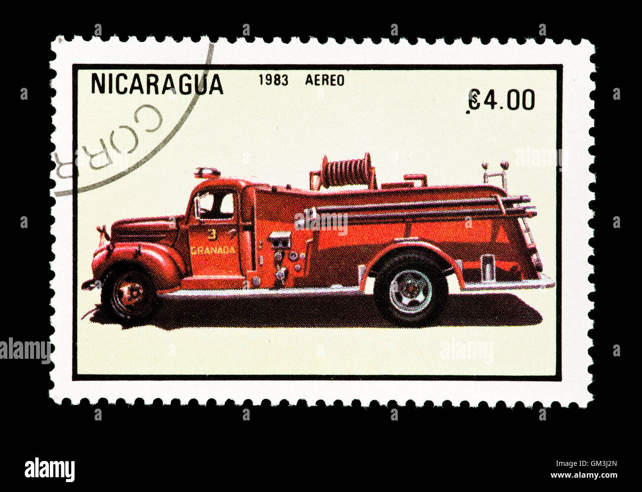 Postage stamp from Nicaragua depicting a fire engine Stock Photo - Alamy