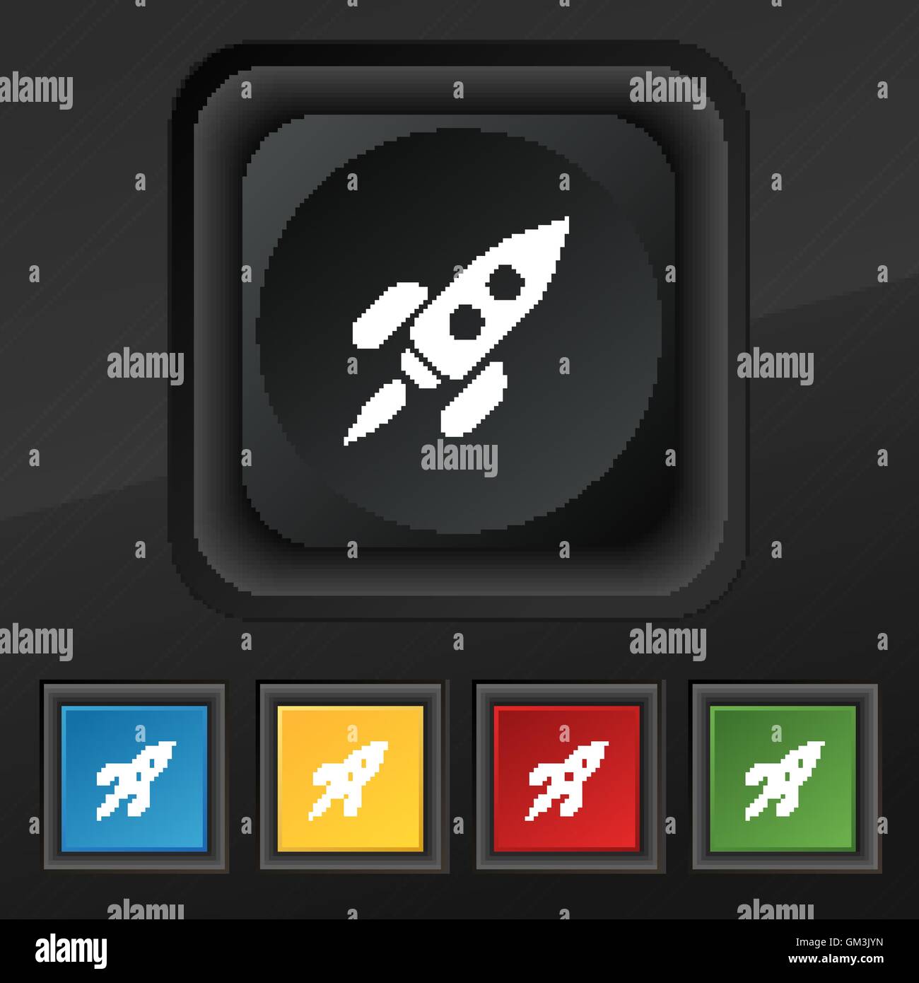 Rocket icon symbol. Set of five colorful, stylish buttons on black ...