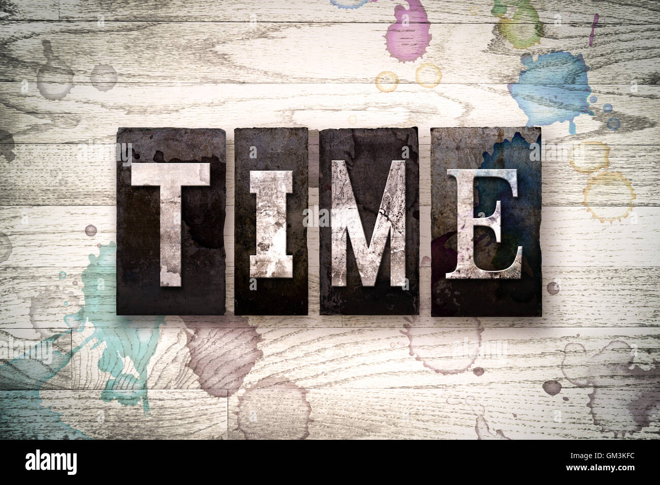 The word "TIME" written in vintage dirty metal letterpress type on a ...