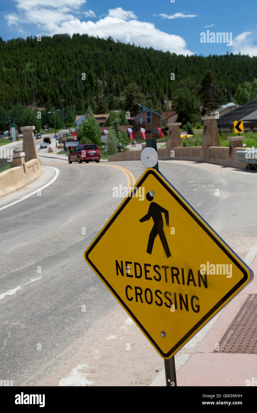 Nederland, Colorado - A pedestrian crossing sign in a Colorado mountain ...