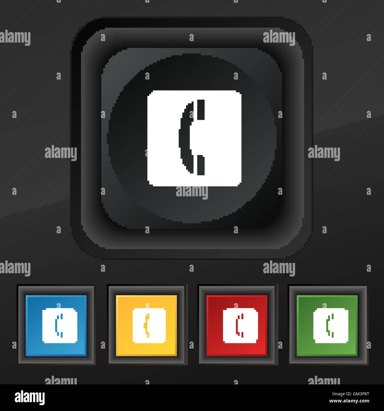 handset icon symbol. Set of five colorful, stylish buttons on black ...
