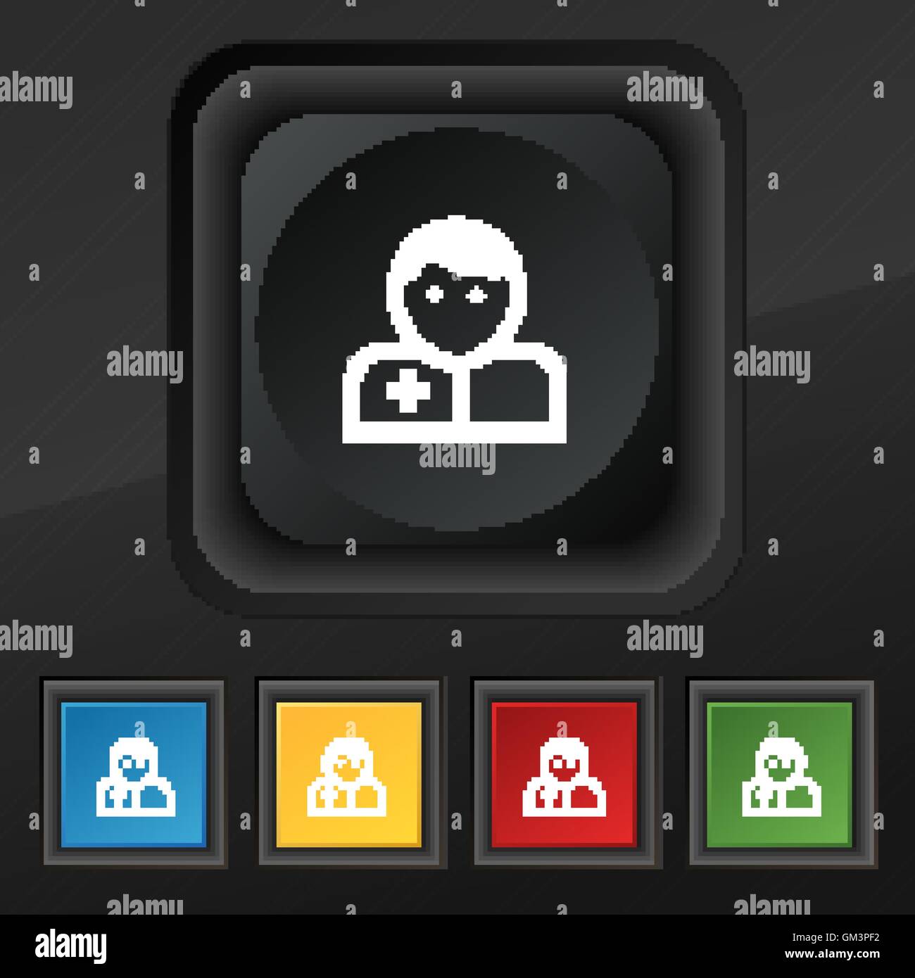 Doctor icon symbol. Set of five colorful, stylish buttons on black ...