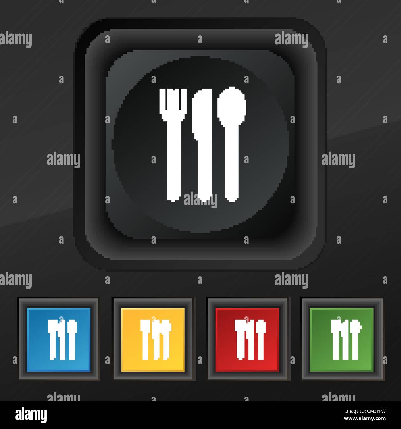 fork, knife, spoon icon symbol. Set of five colorful, stylish buttons on black texture for your ...
