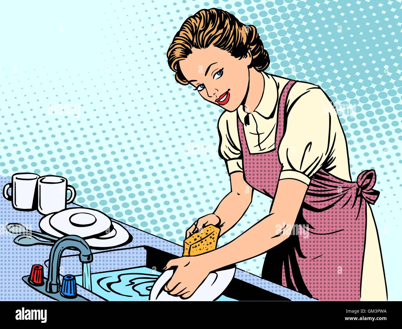 Woman washing dishes retro Stock Vector Images - Alamy