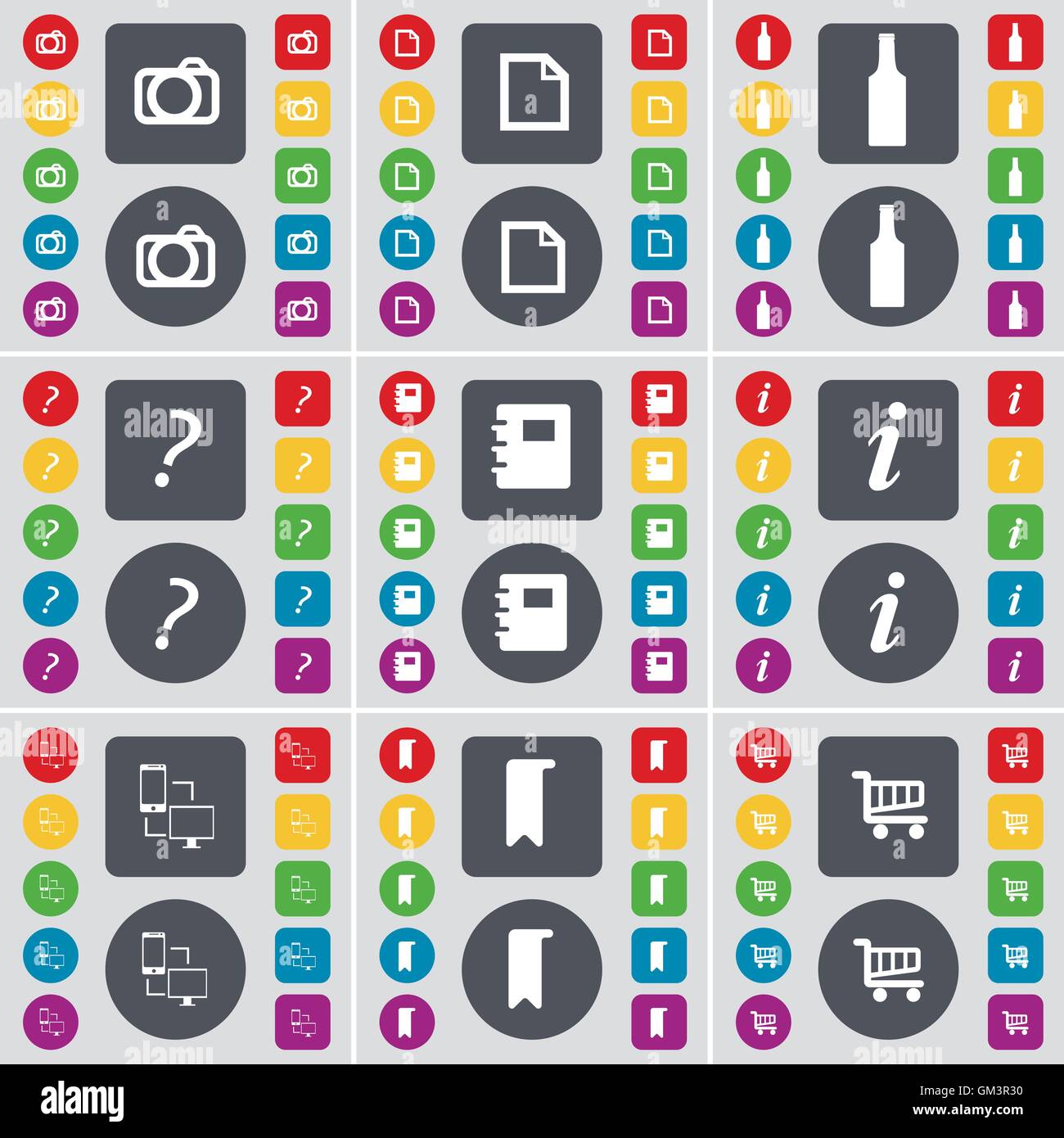 Camera, File, Bottle, Question mark, Notebook, Information, Connection ...