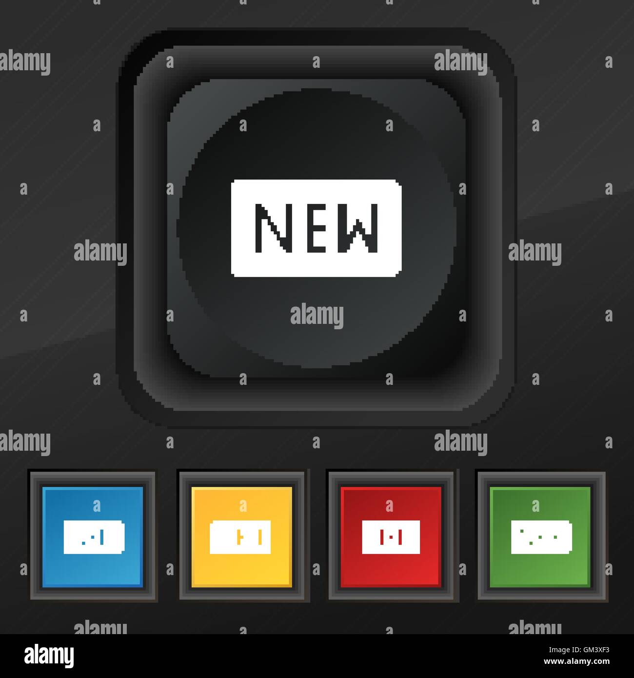 New icon symbol. Set of five colorful, stylish buttons on black texture ...
