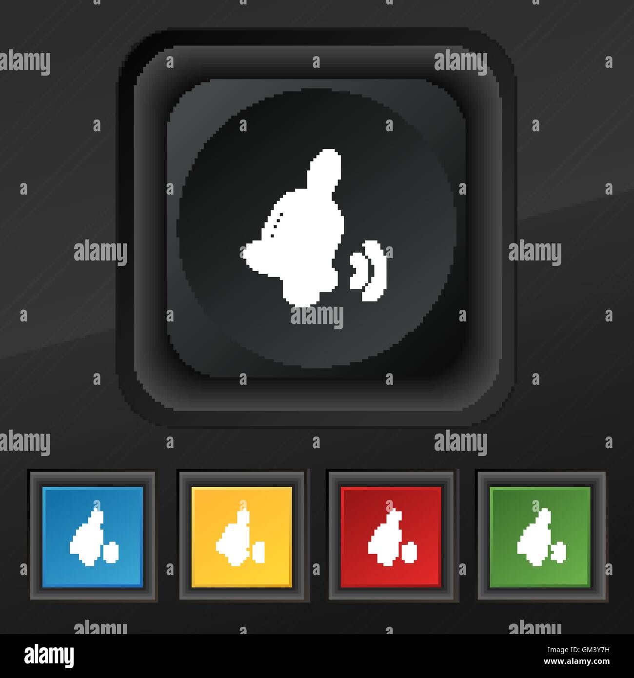 Bell icon symbol. Set of five colorful, stylish buttons on black ...