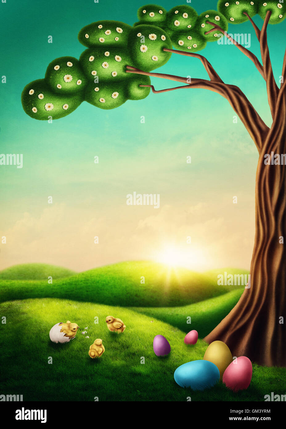 Easter landscape with chicken and colorful eggs Stock Photo - Alamy
