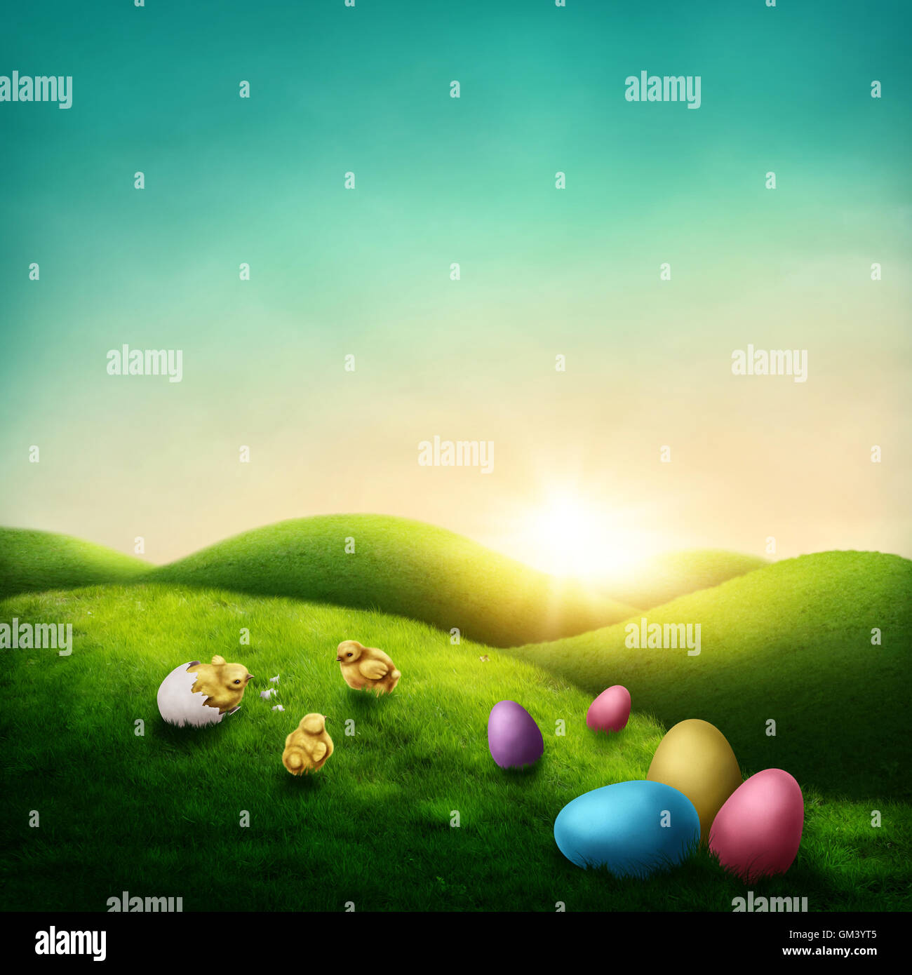 Easter landscape with chicken and colorful eggs Stock Photo - Alamy