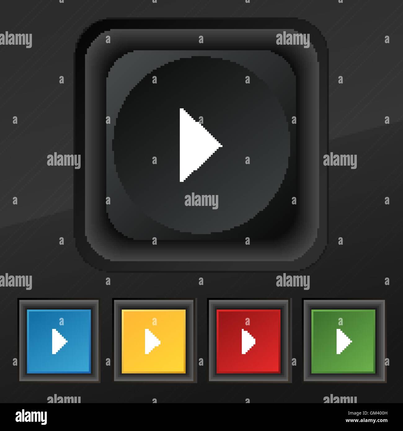 play button icon symbol. Set of five colorful, stylish buttons on black texture for your design ...