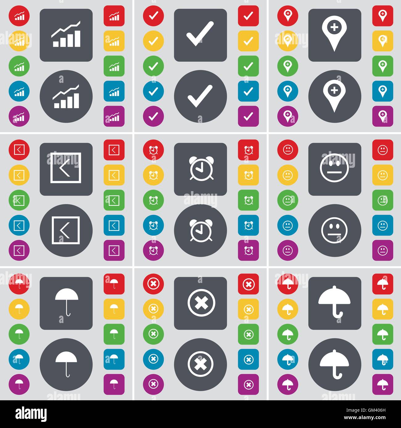 Graph, Tick, Checkpoint, Arrow left, Alarm clock, Smile, Umbrella, Stop ...