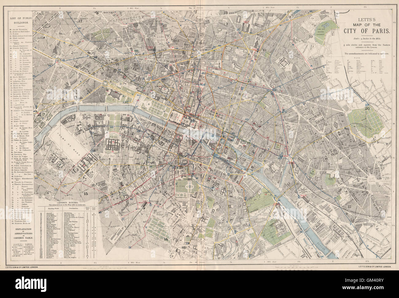PARIS antique town city map plan. Omnibus routes. LARGE. LETTS, 1889 ...