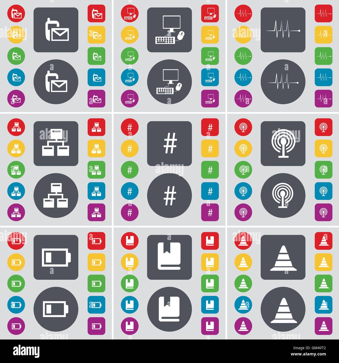 SMS, PC, Pulse, Network, Hashtag, Wi-Fi, Battery, Dictionary, Cone icon ...