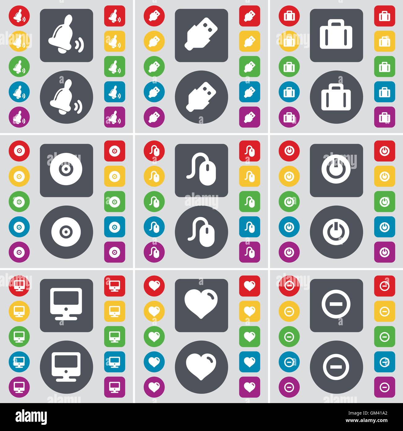 Bell, USB, Suitcase, Disk, Mouse, Power, Monitor, Heart, Minus icon ...