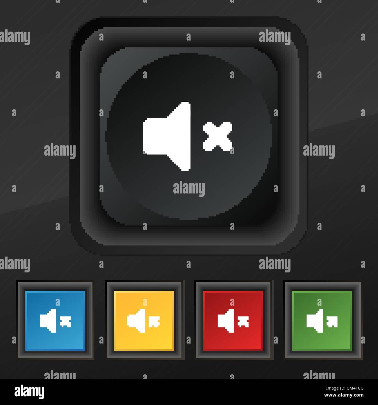 Mute speaker , Sound icon symbol. Set of five colorful, stylish buttons ...