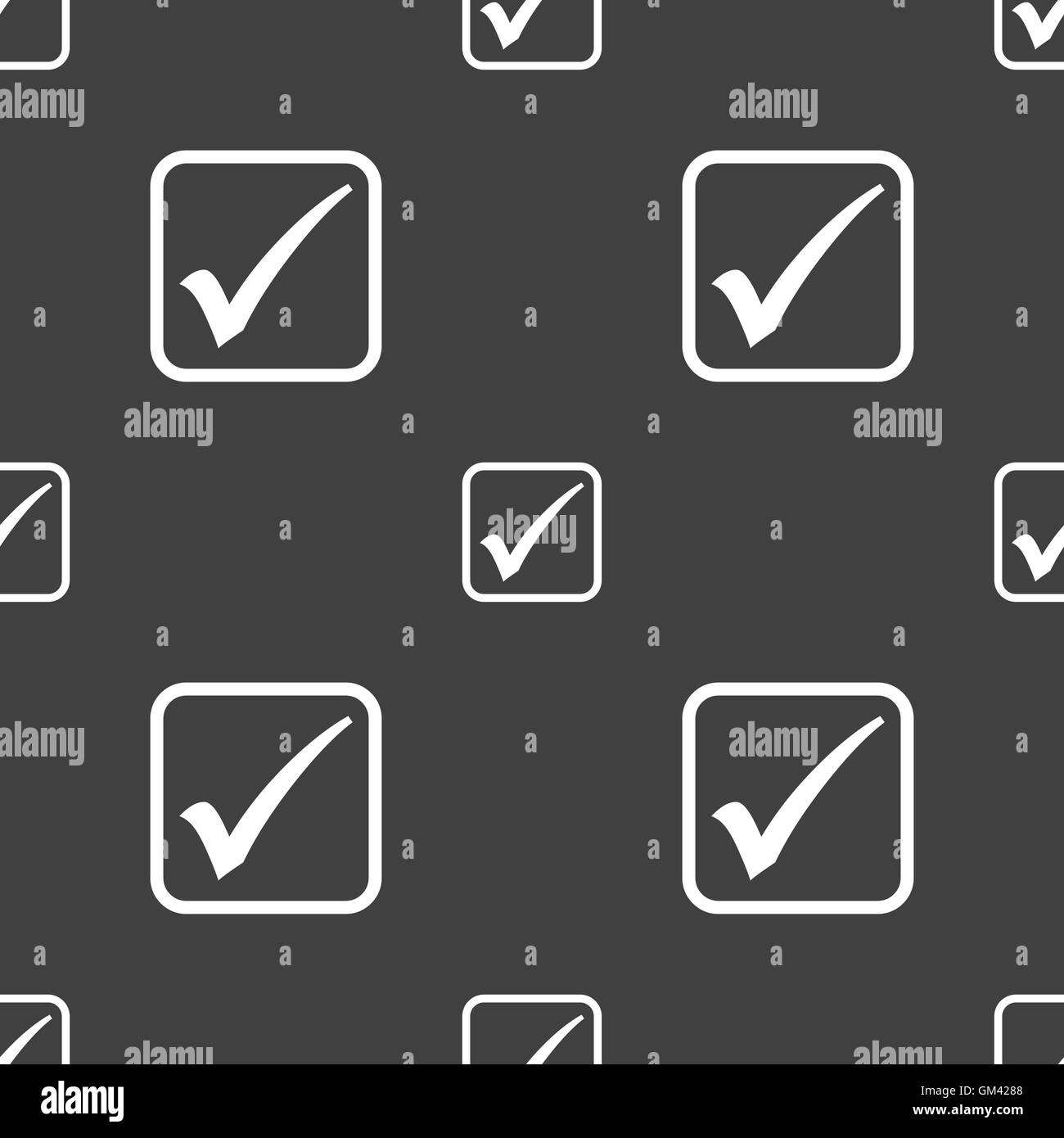 A check mark icon sign. Seamless pattern on a gray background. Vector ...