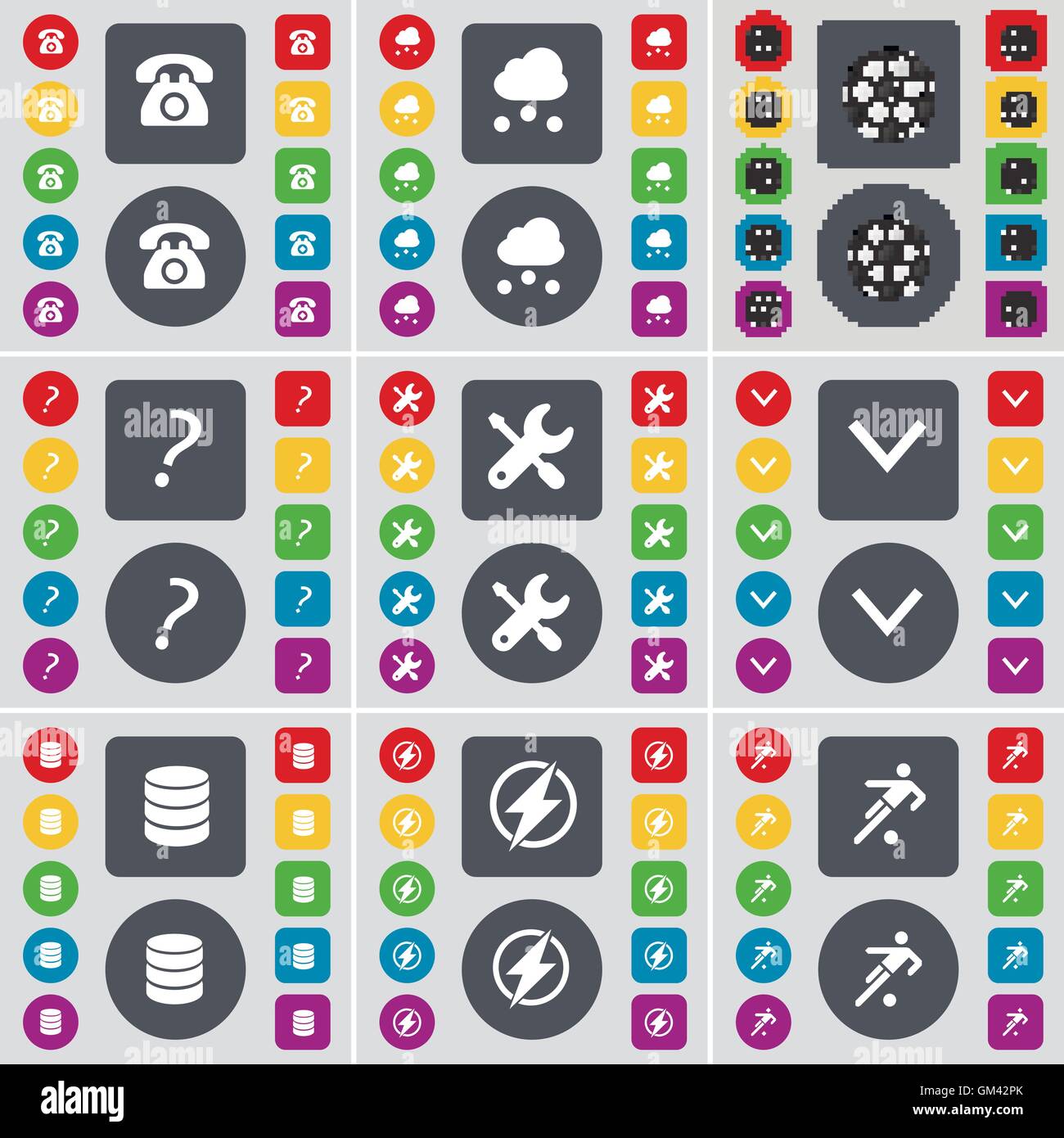 Retro phone, Cloud, Ball, Question mark, Wrench, Arrow down, Database ...