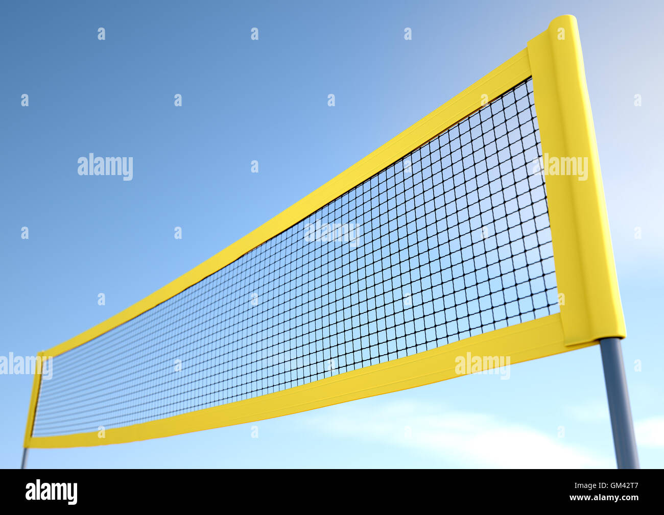 A 3D render of a regular volleyball net on a beach and blue sky ...