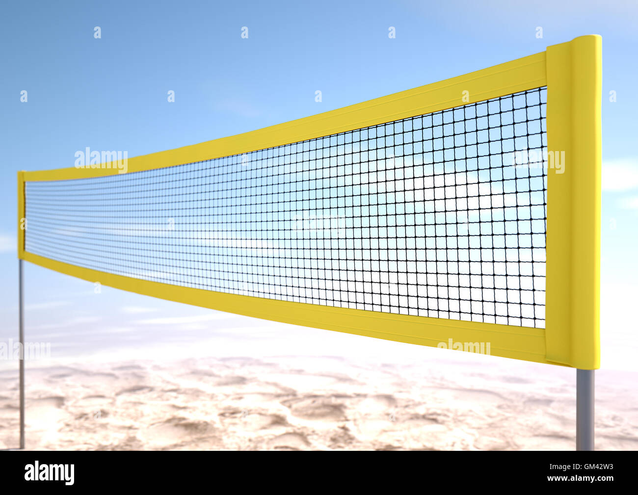 A 3D render of a regular volleyball net on a beach and blue sky ...