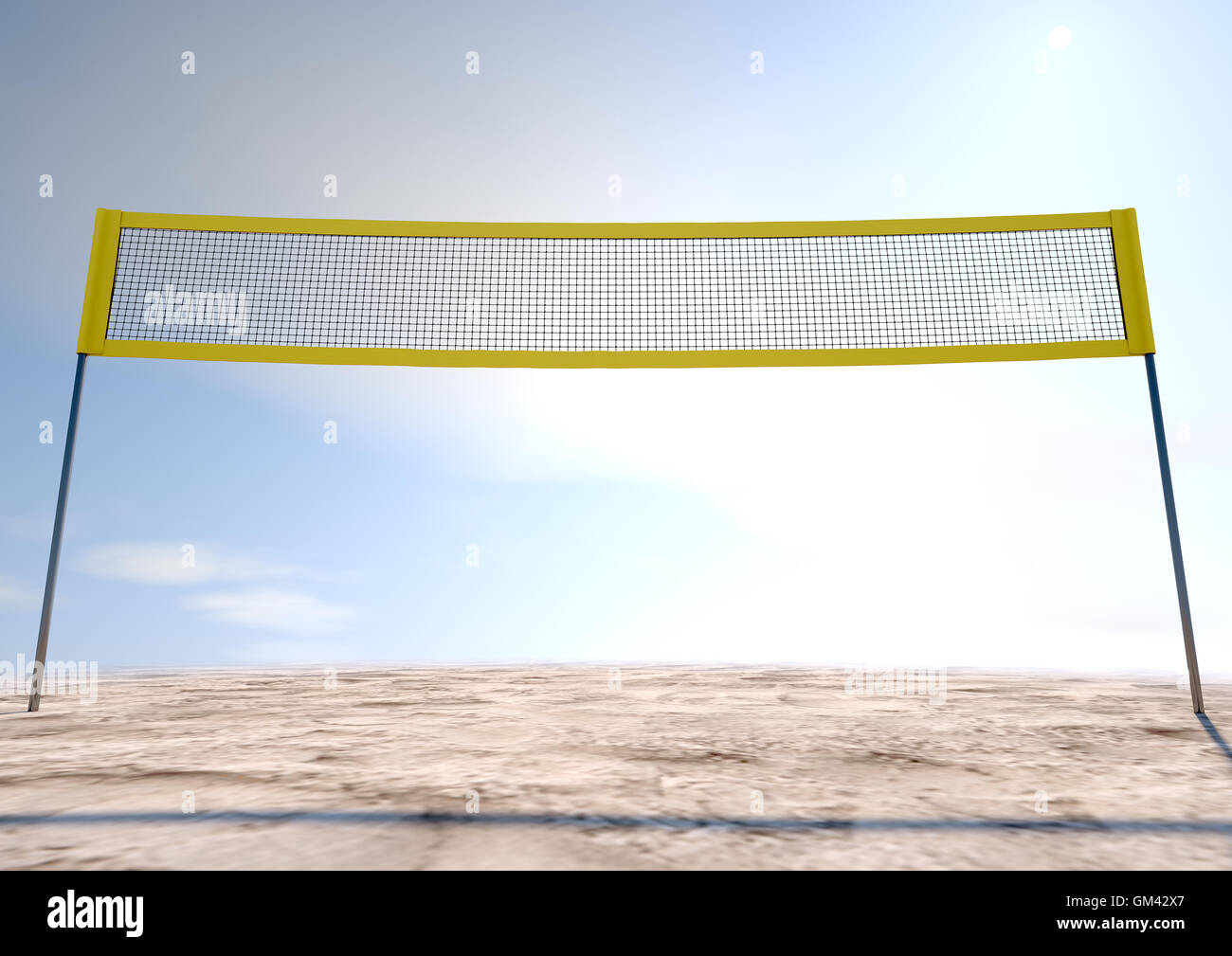 A 3D render of a regular volleyball net on a beach and blue sky ...