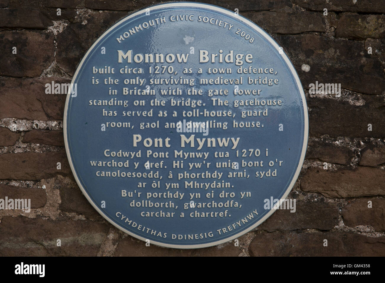 Monnow Bridge blue plaque in Monmouth Wales Stock Photo - Alamy