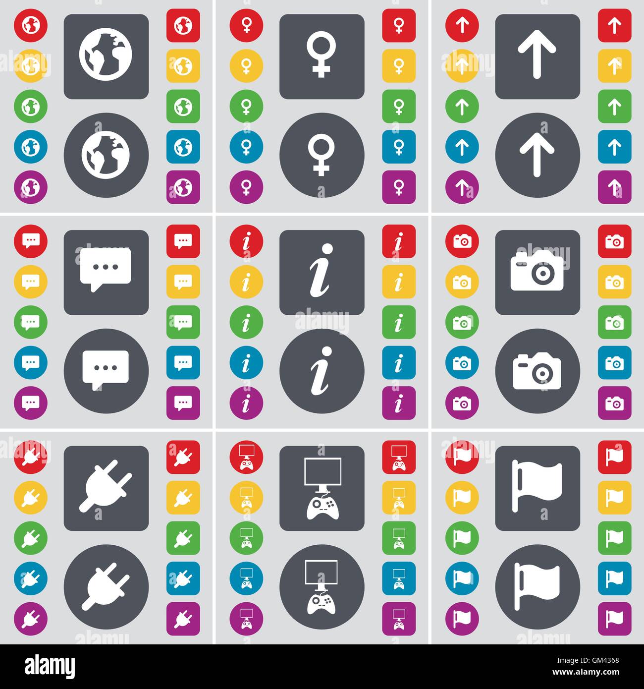 Earth, Venus symbol, Arrow up, Chat bubble, Information, Camera, Socket ...