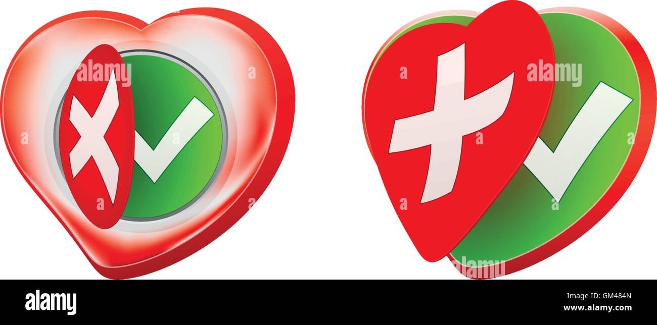 Romantic approval rejection symbols design with red heart shaped Stock ...