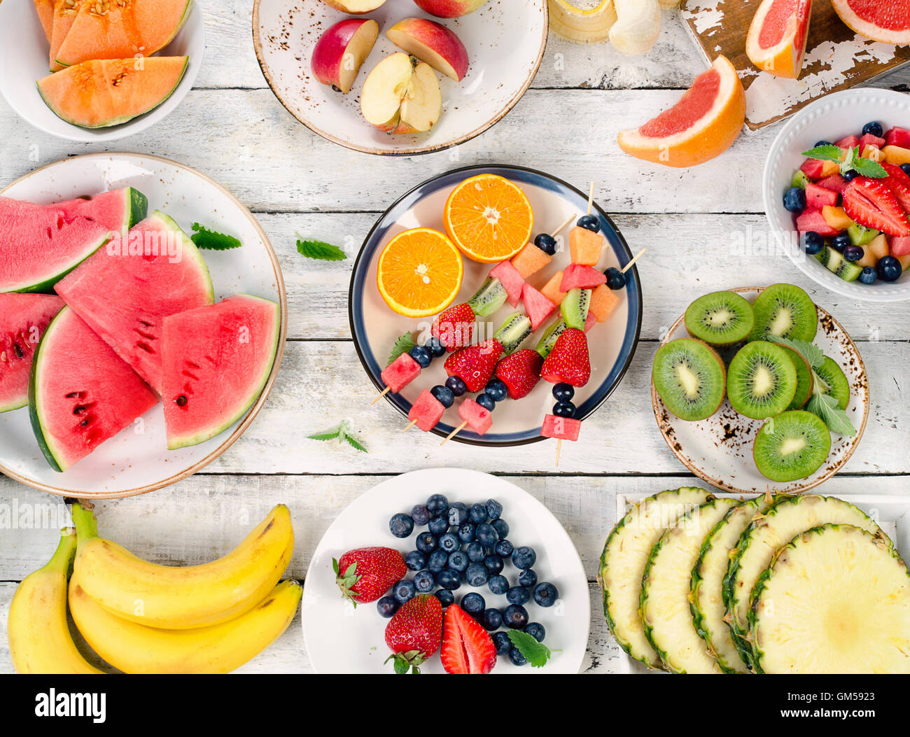 Fresh fruits background. Healthy diet food. Top view Stock Photo - Alamy