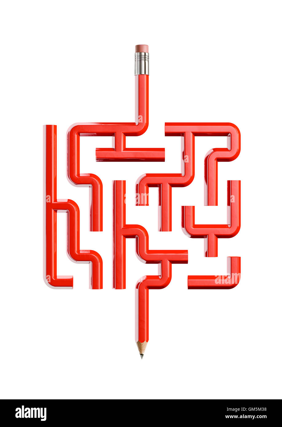 Pencil maze concept / 3D illustration of red wooden pencil forming maze ...
