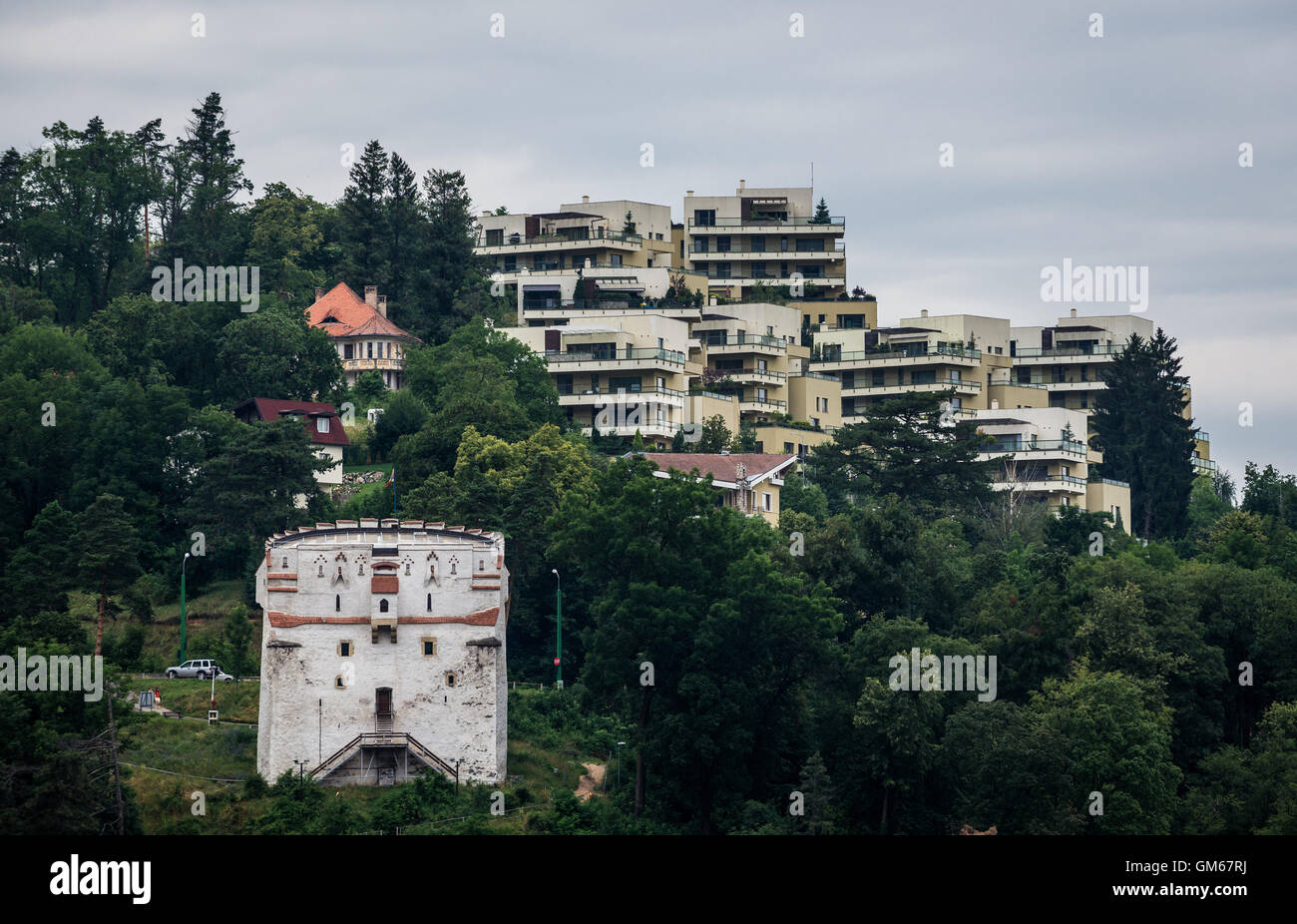 White Tower and apartment houses in Brasov city in Romania Stock Photo ...
