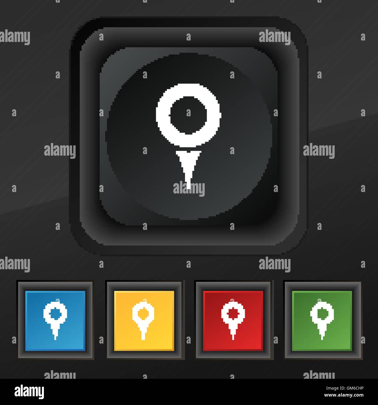 Map pointer, GPS location icon symbol. Set of five colorful, stylish buttons on black texture ...