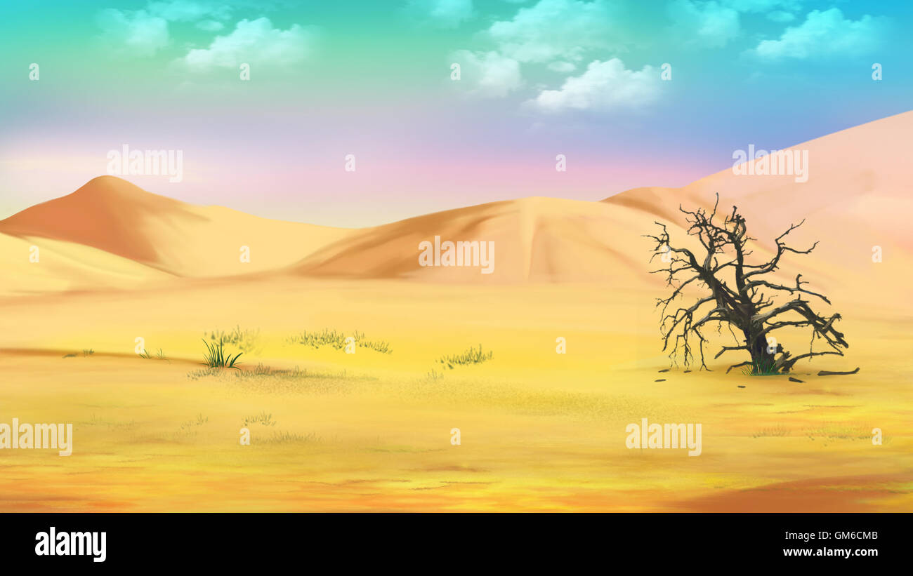 dried tree in the hot desert. Cartoon Style Character, Fairy Tale Story ...