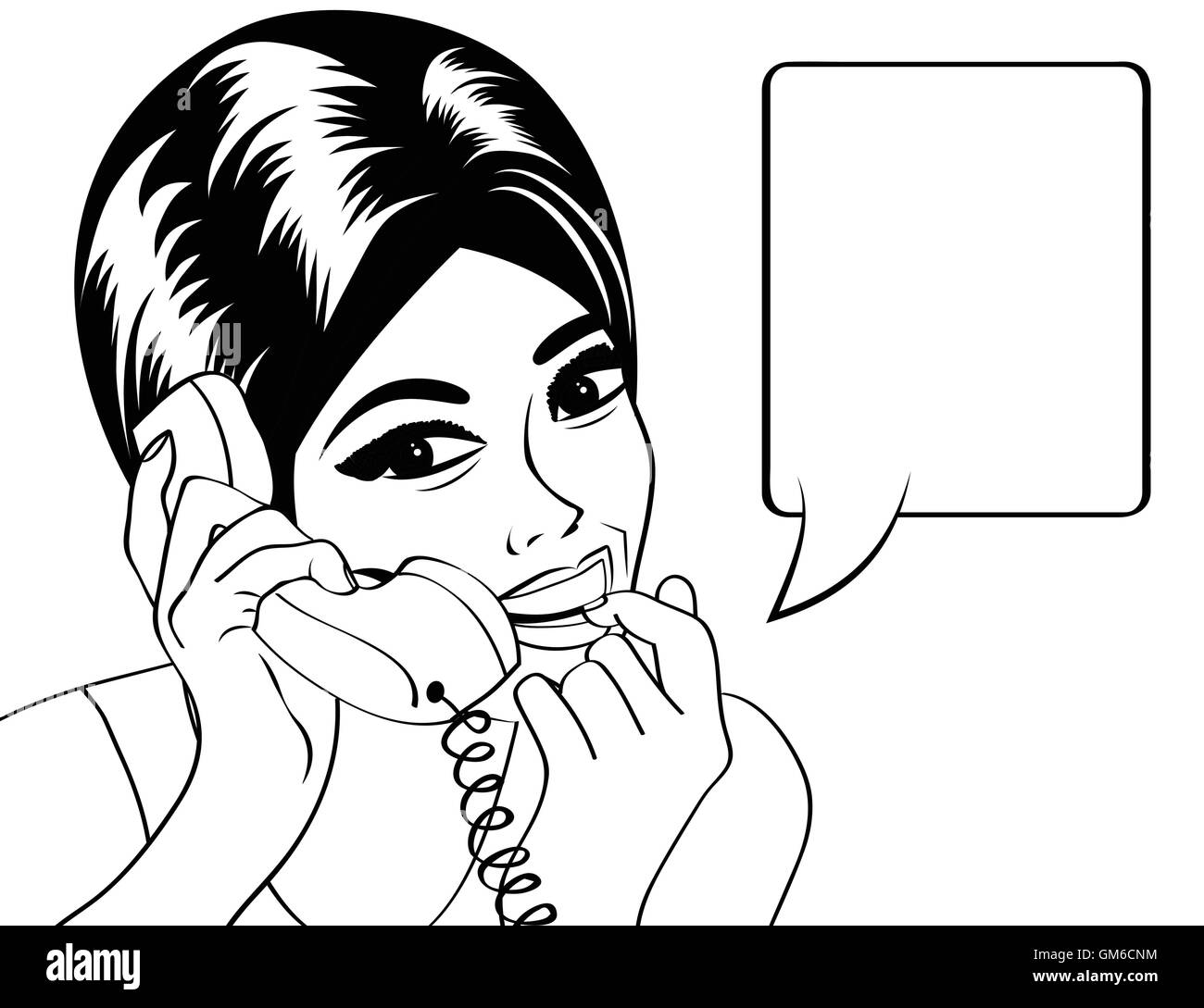 woman chatting on the phone, pop art illustration in black and w Stock ...