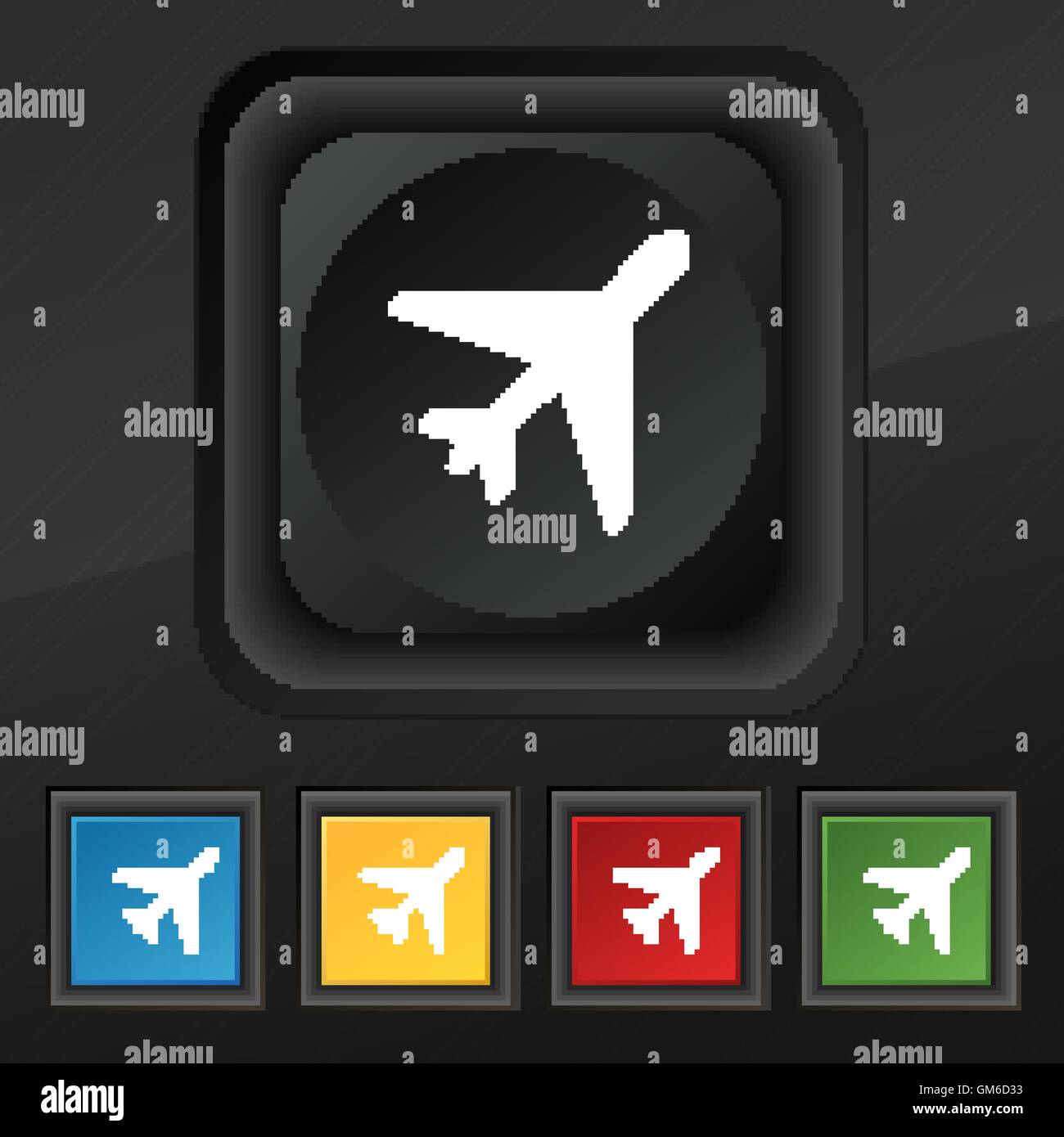 airplane icon symbol. Set of five colorful, stylish buttons on black ...