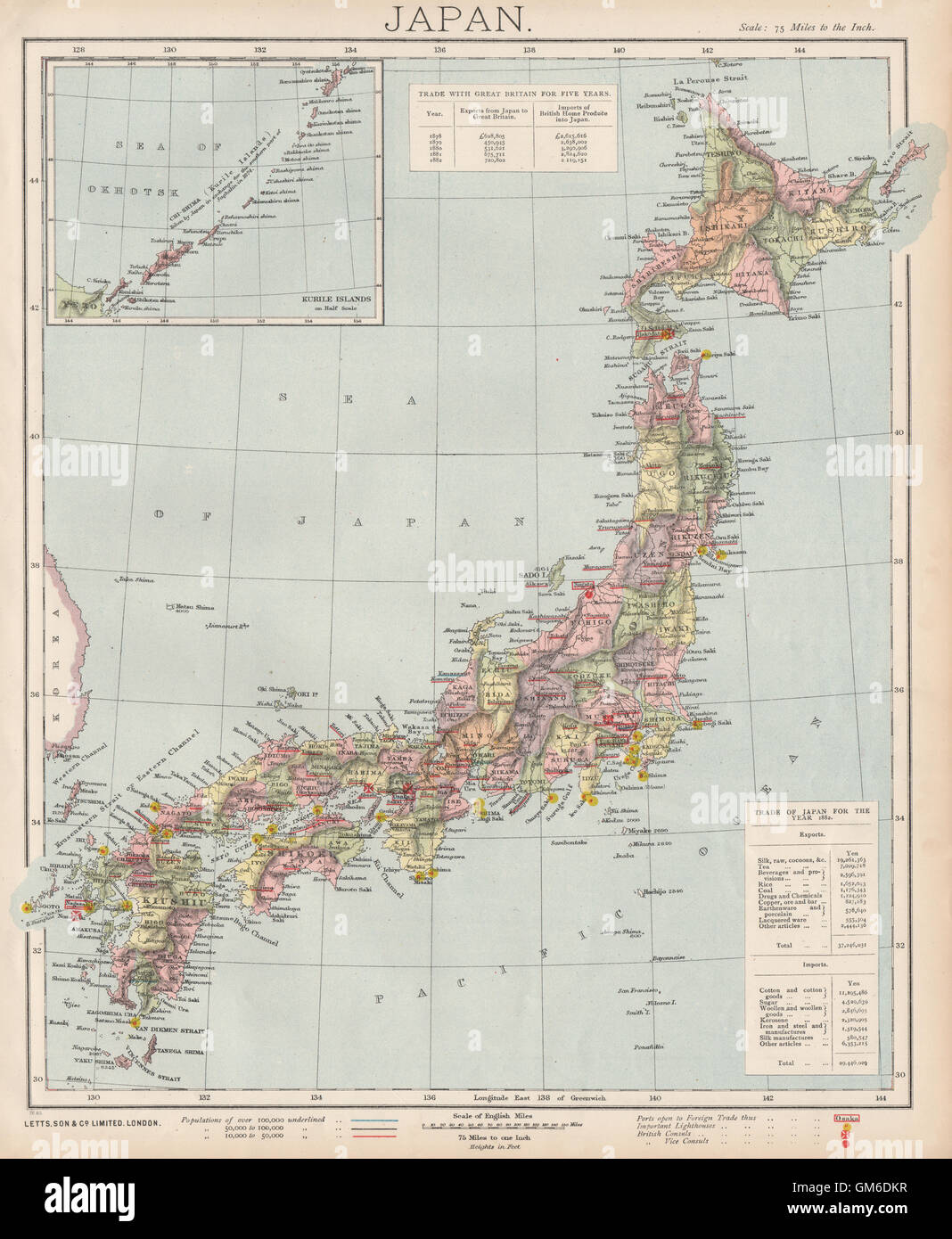 JAPAN. Ports open to foreign trade, lighthouses, British Consuls. LETTS ...