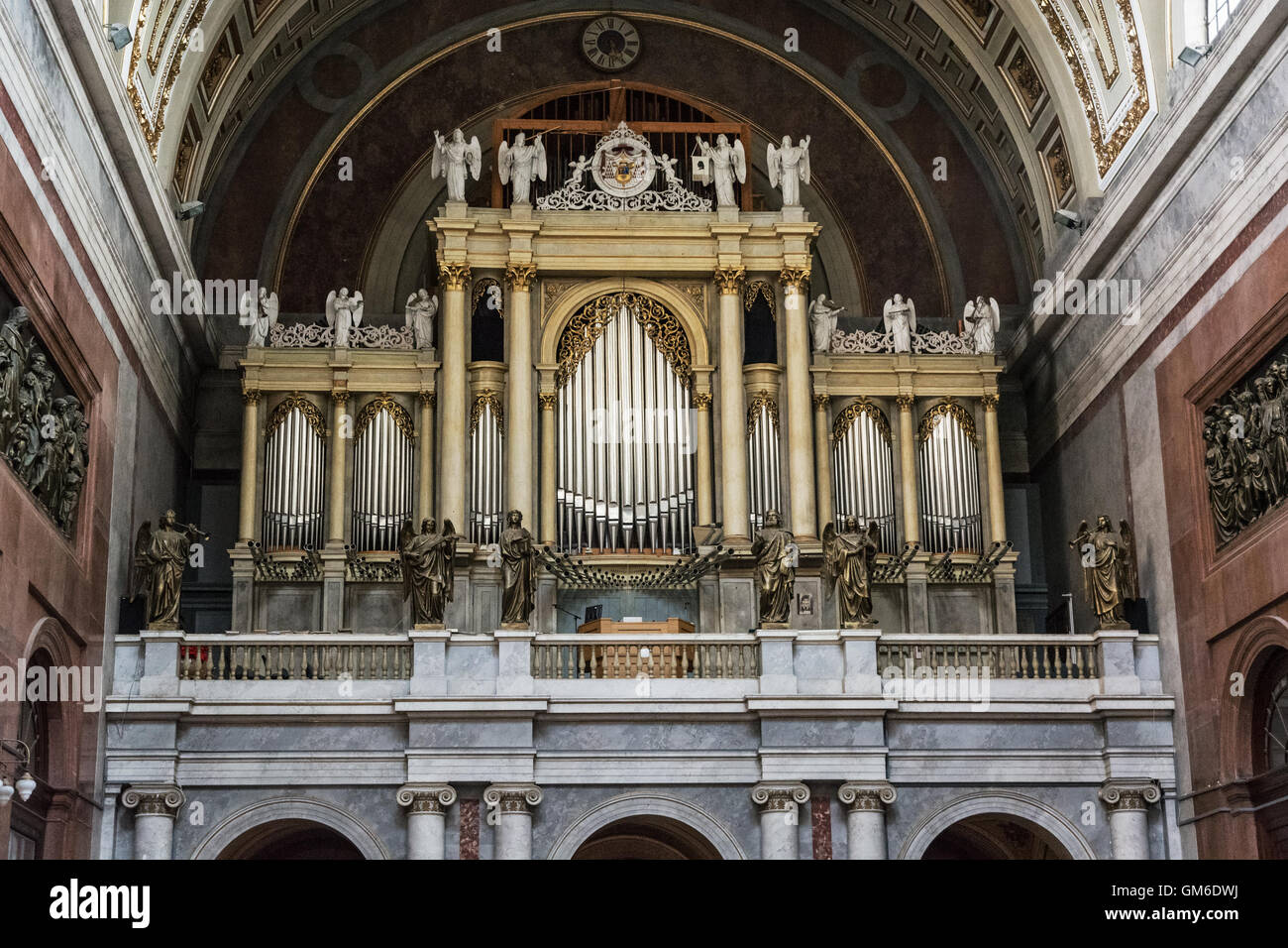 Big organ in Esztergom basilica, Hungary. Interior of religious ...