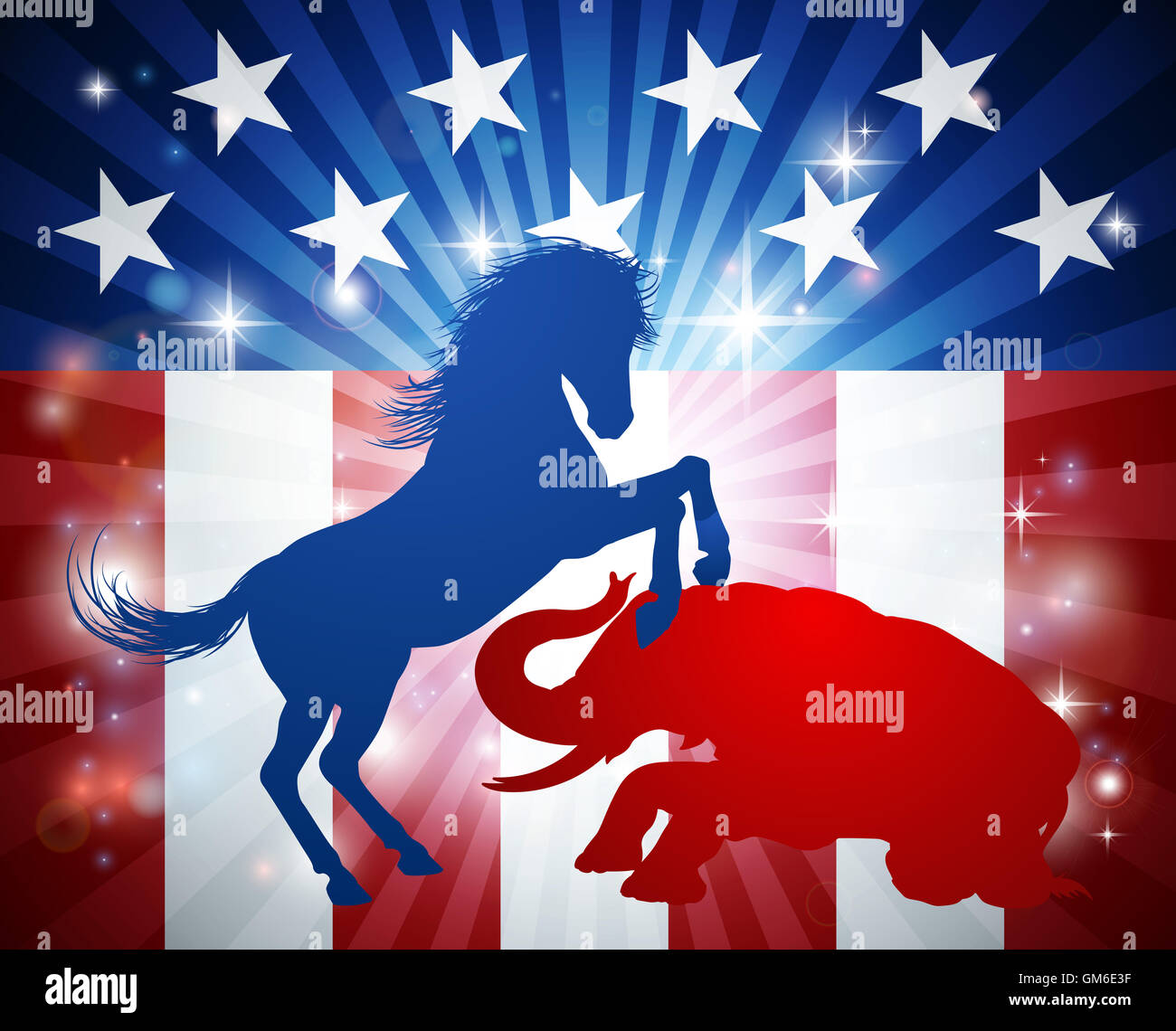 Donkey and elephant in silhouette fighting each other. Mascot animals ...