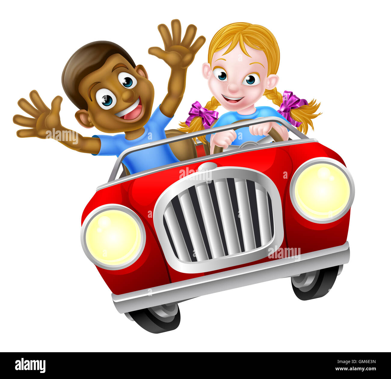 Two cartoon children having fun driving in a car Stock Photo - Alamy