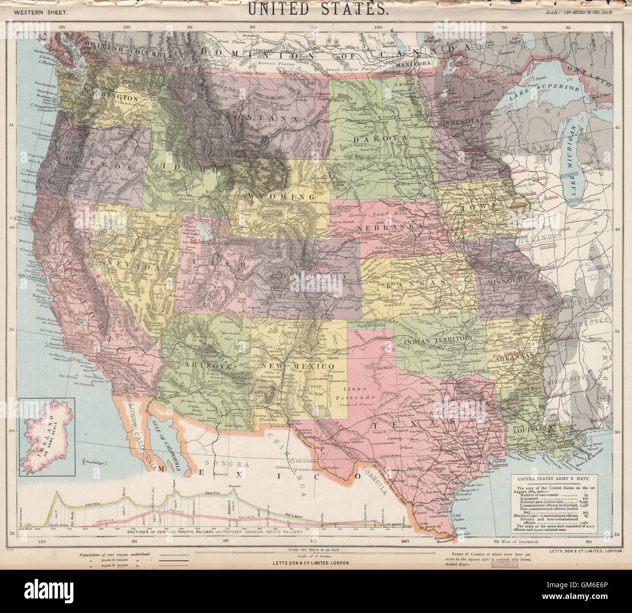 WESTERN USA. Central & Canadian Pacific Railroad section. LETTS, 1889 ...