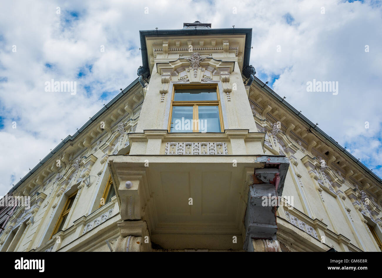Bay window of old tenement house in Brasov city in Romania Stock Photo ...