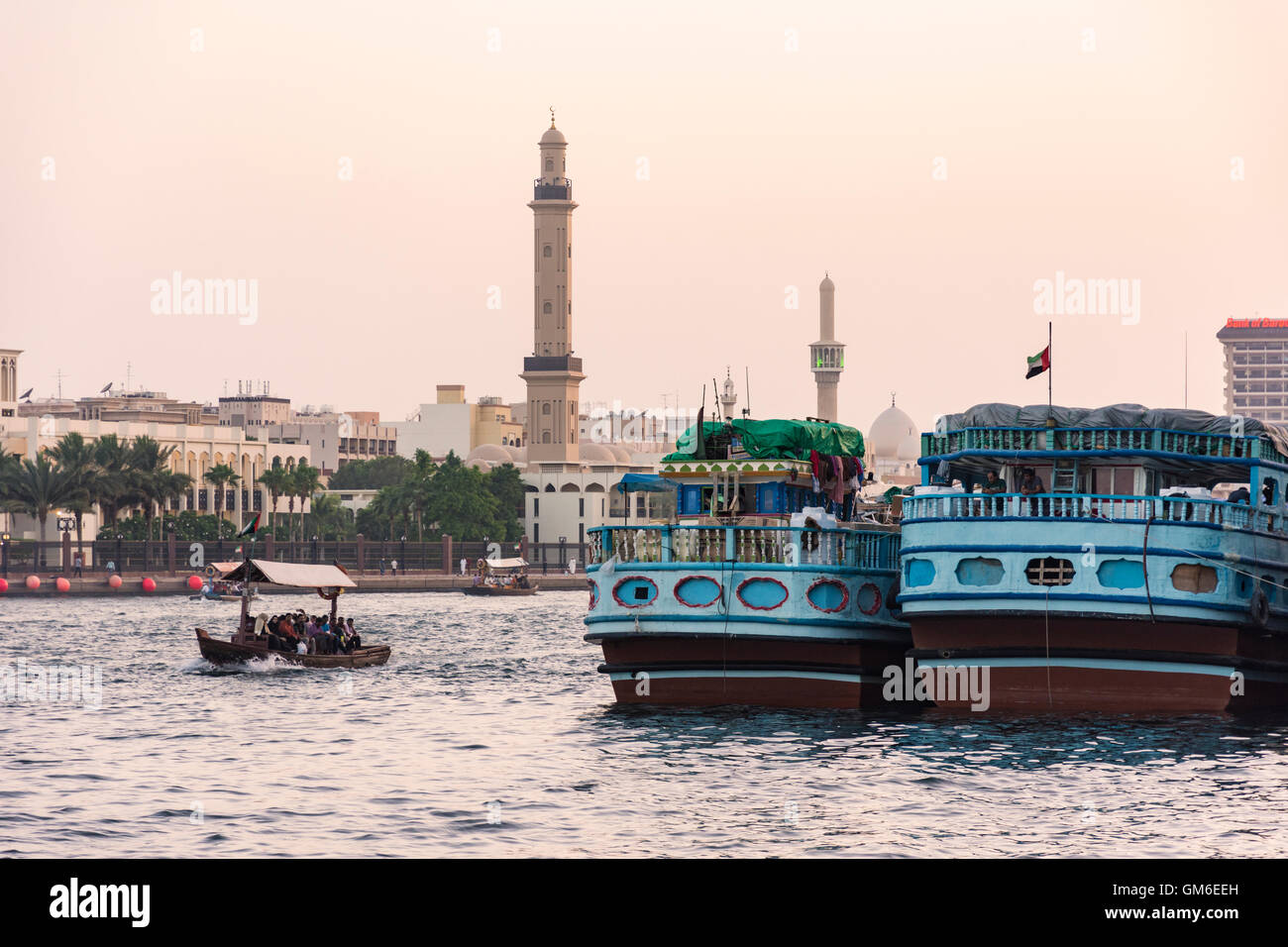 Sunset views over towards Bur Dubai from the Dhow Wharfage, Dubai Creek ...
