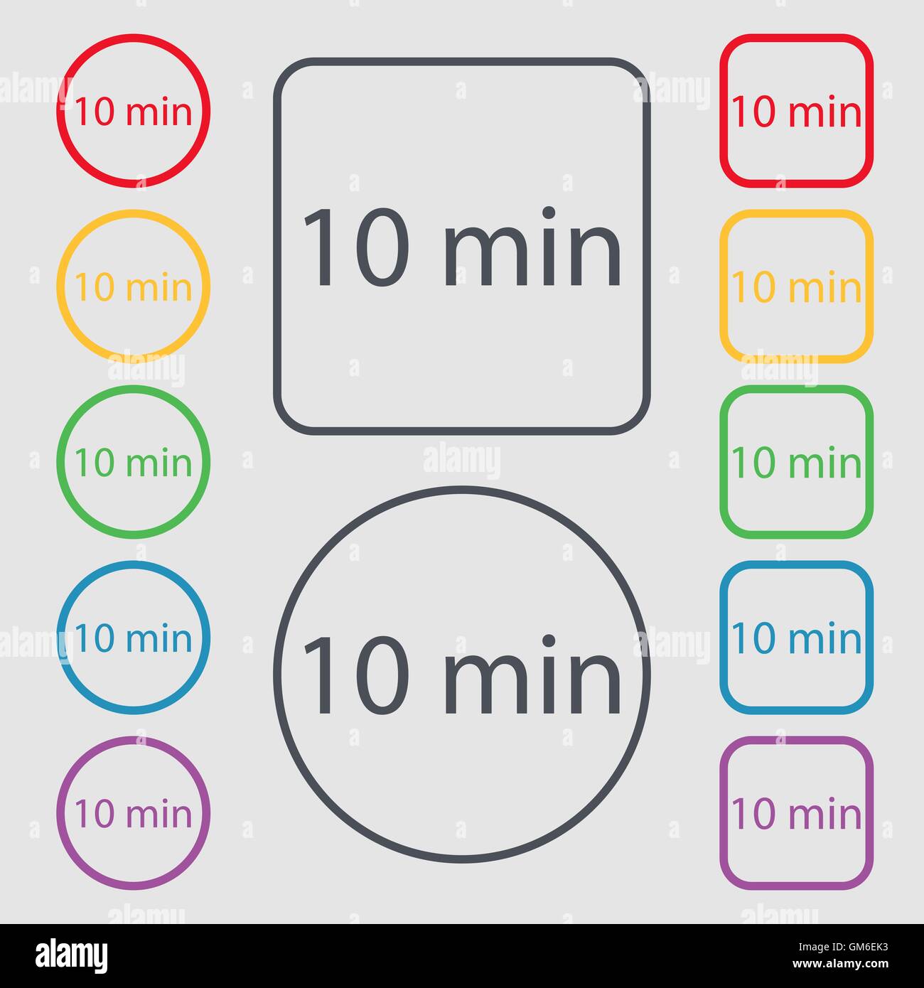 ten minutes sign icon. Symbols on the Round and square buttons with ...