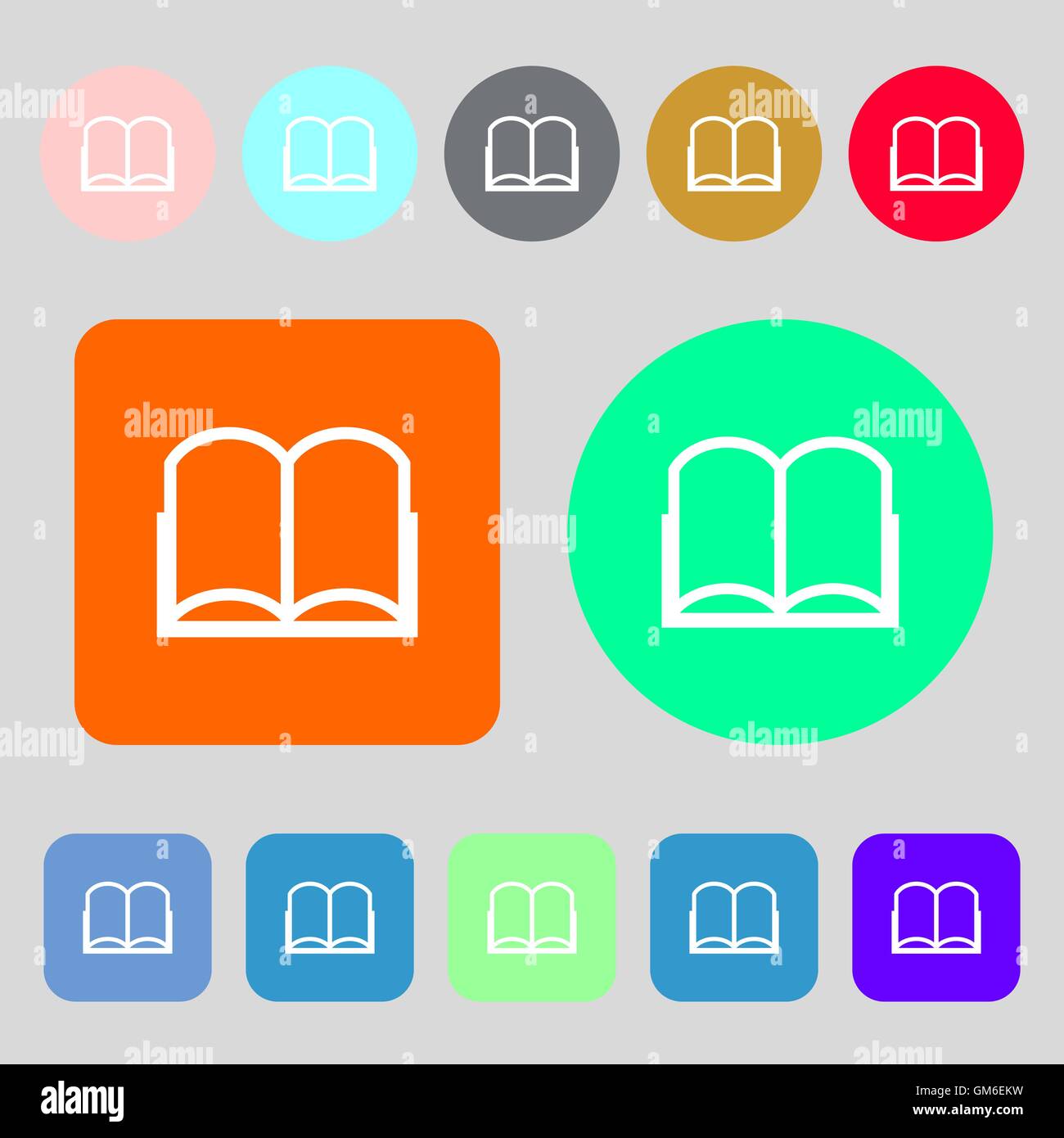 Book sign icon. Open book symbol. 12 colored buttons. Flat design ...