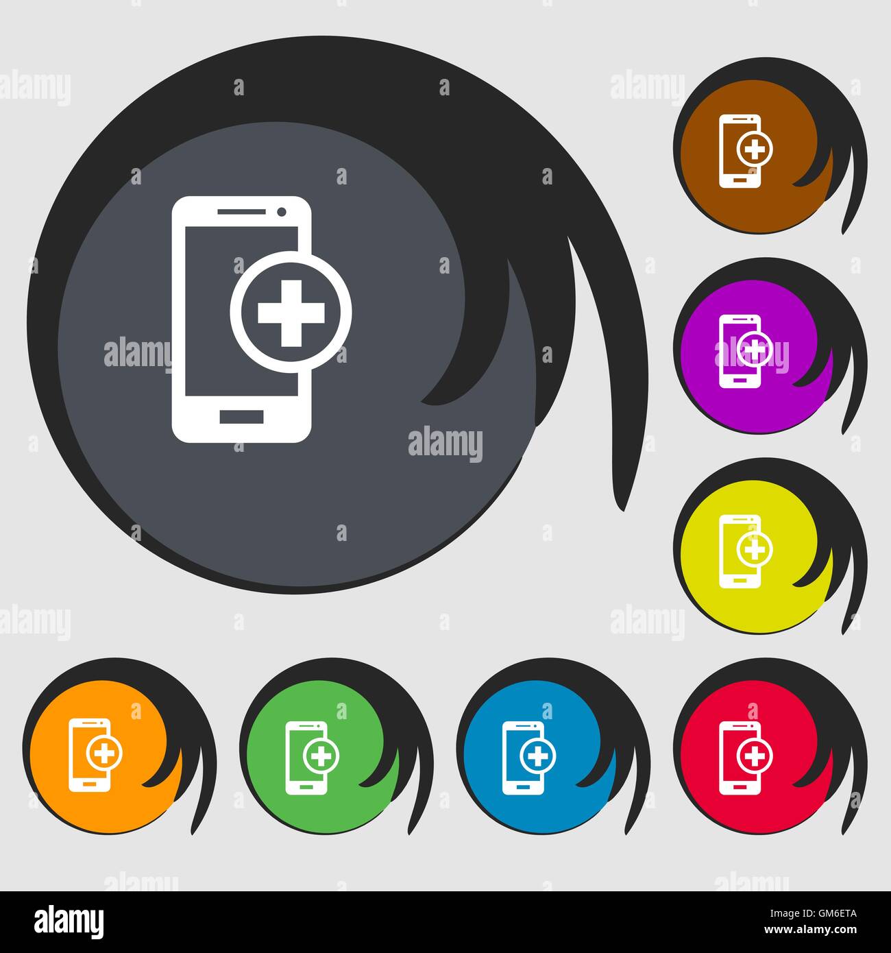 Mobile devices sign icon. with symbol plus. Symbols on eight colored ...
