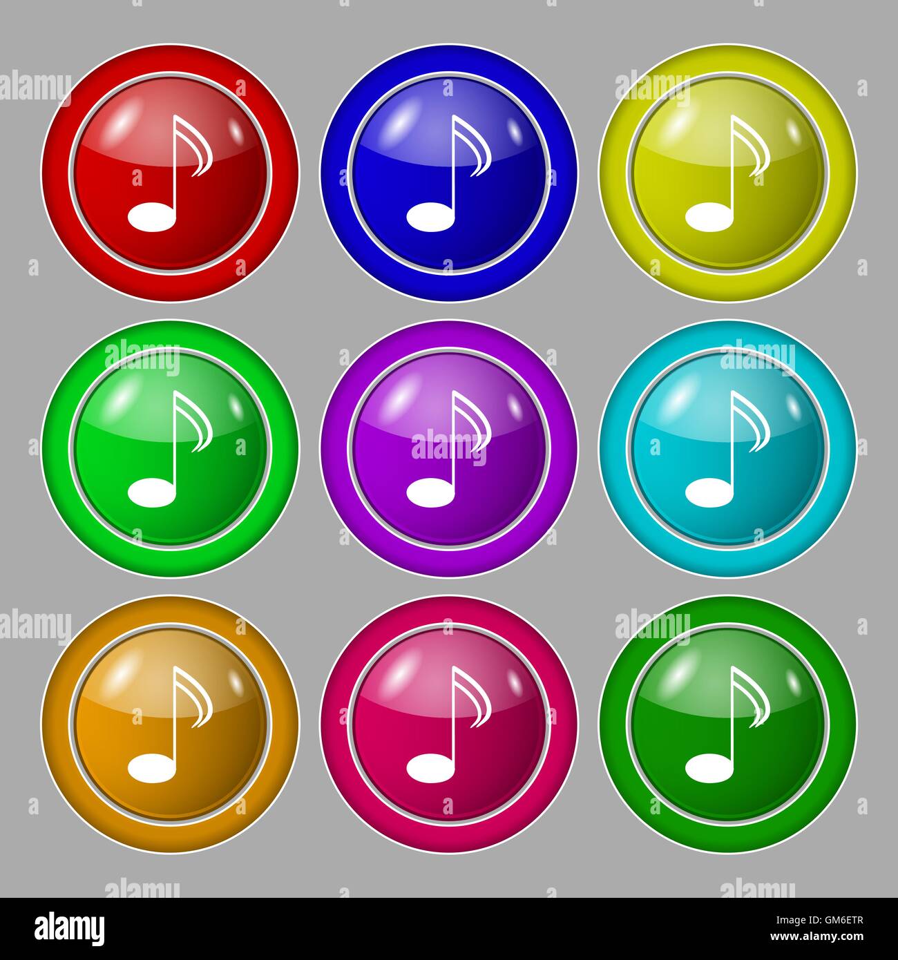 Music note sign icon. Musical symbol. Symbol on nine round colourful ...